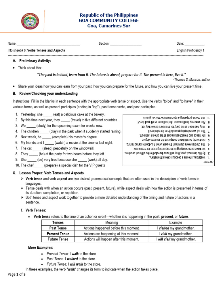 EP 1 Infosheet No. 6 - Verb Tenses and Aspects | PDF | Perfect (Grammar) | Grammatical Tense