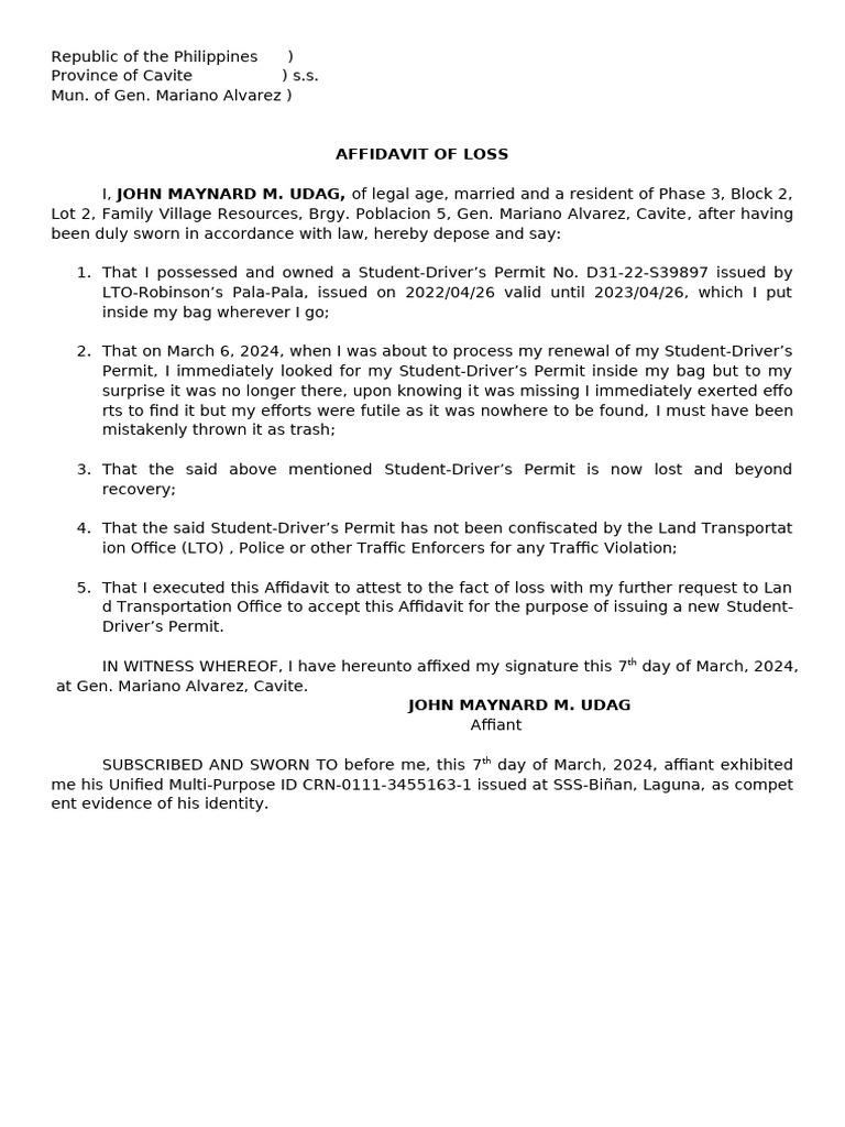 Affidavit of Loss Student Permit | PDF