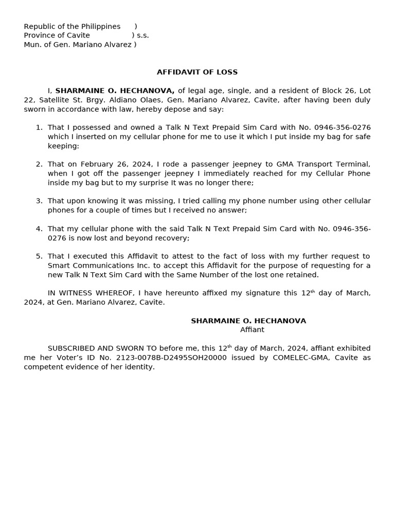 Affidavit of Loss Sim TNT | PDF