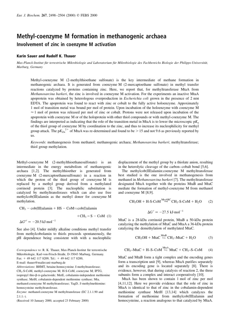 European Journal of Biochemistry - 2001 - Sauer - Methyl Coenzyme M Formation in Methanogenic ...
