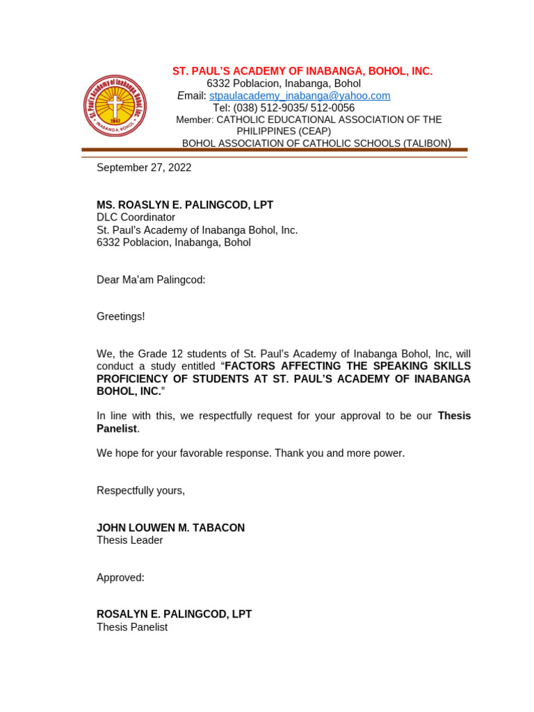 Letter For Panelists Maam Palingcod | PDF
