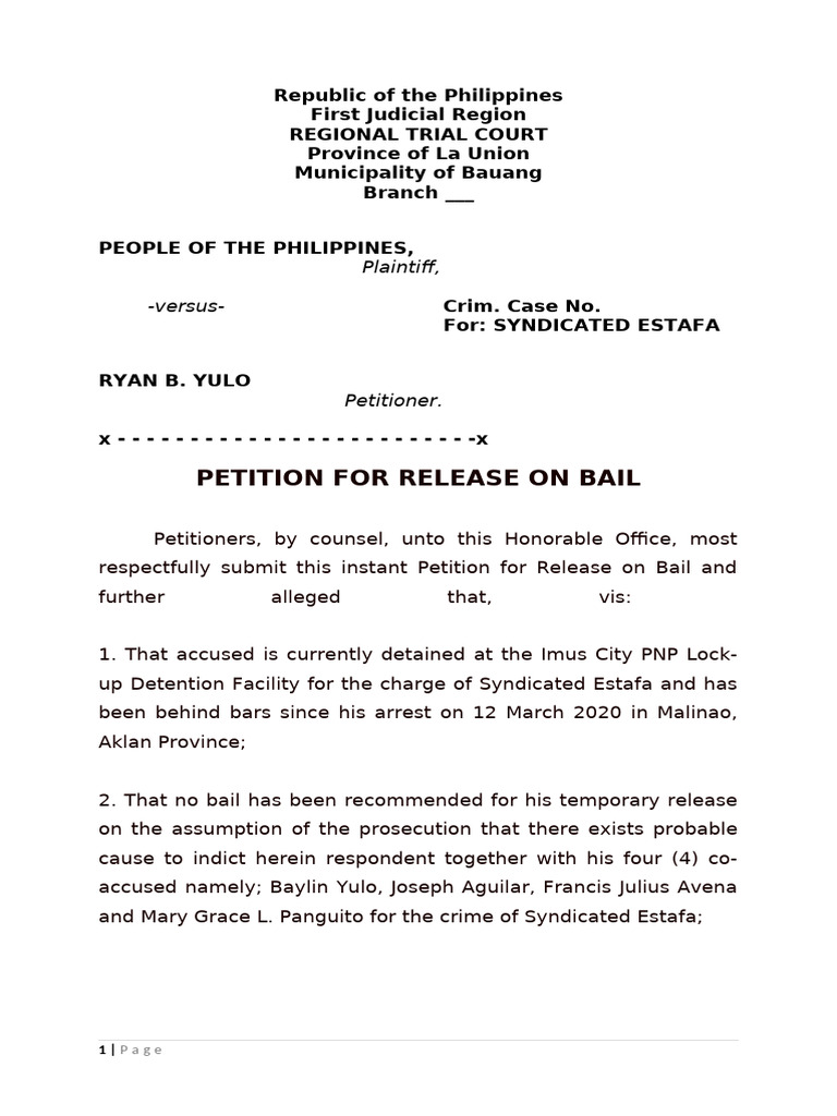 Petition For Bail | PDF | Bail | Common Law