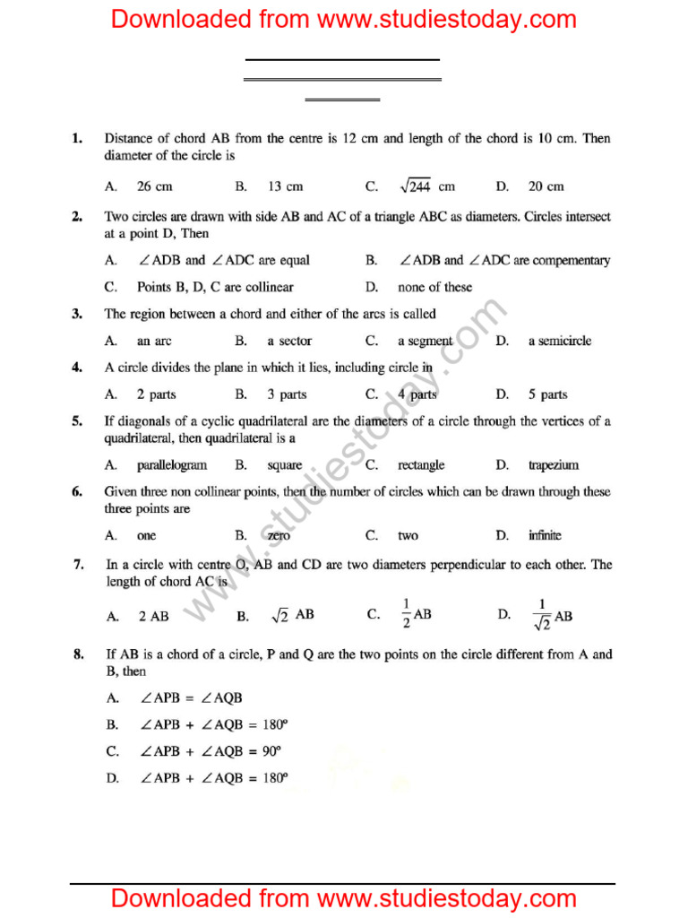 CBSE Class 10 Circles MCQs Set C | PDF