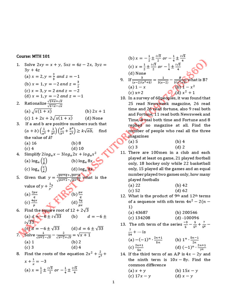Maxfax MTH 101 Periodic Test | PDF | Quadratic Equation | Discrete ...
