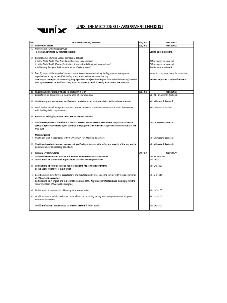 Unix MLC Checklist (BSS P&i Guide) | PDF | Occupational Safety And Health | Sailor