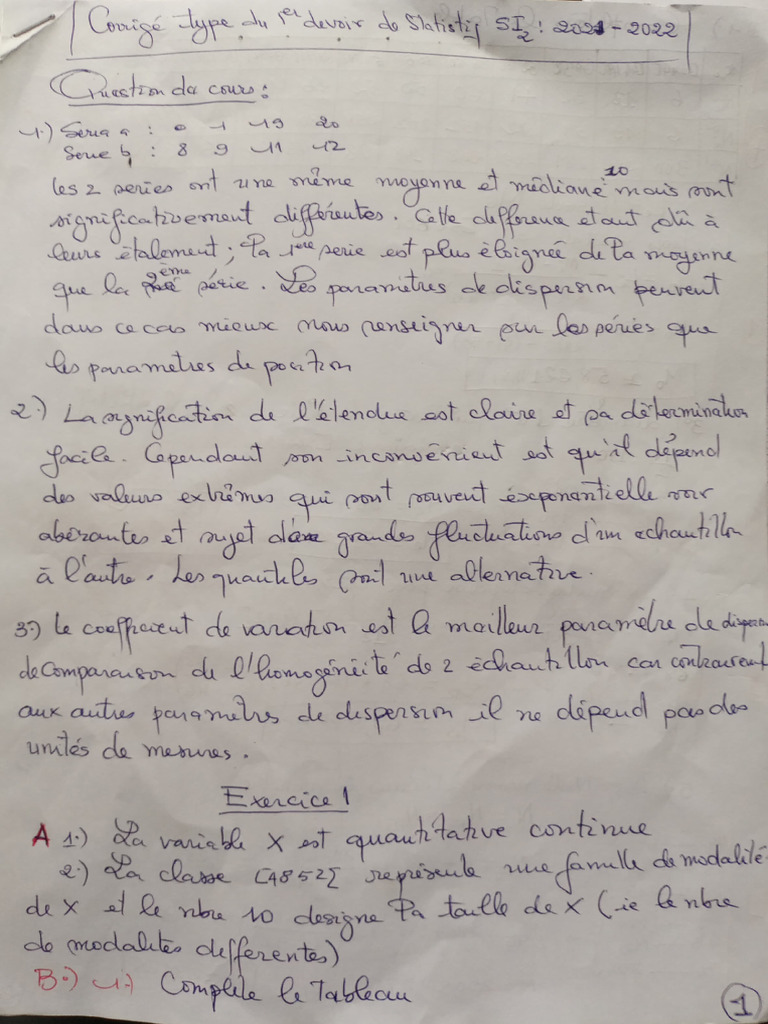 Corrigé Devoir 1 Statistique Descriptive | PDF