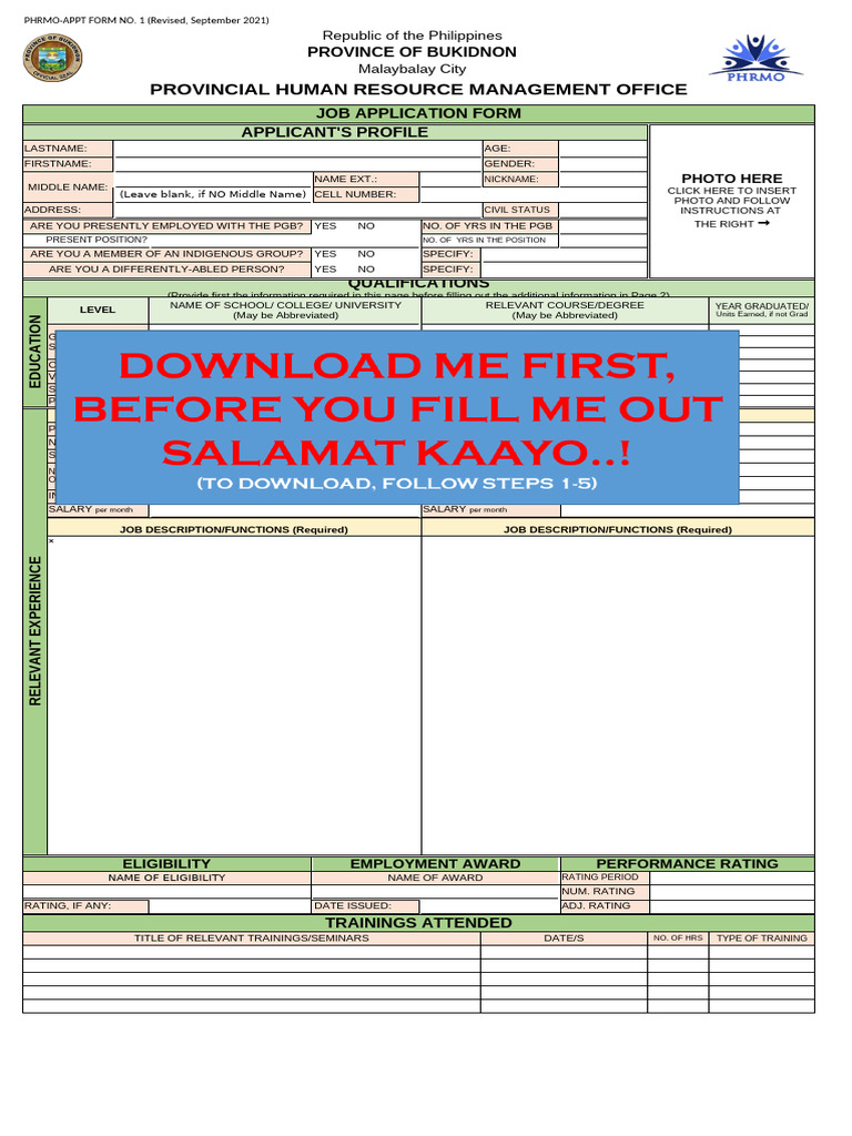 Phrmo Job Application Form 5 (Revised September 2021) | PDF