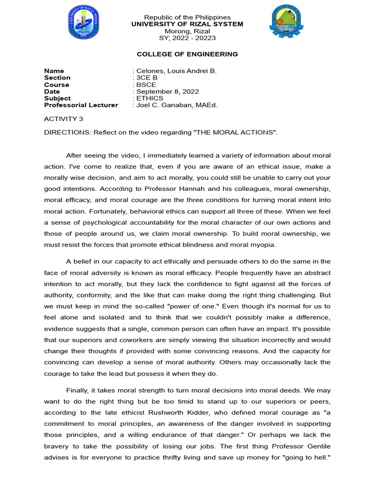 Moral Actions: Ethics Reflection Essay | PDF | Courage | Psychology