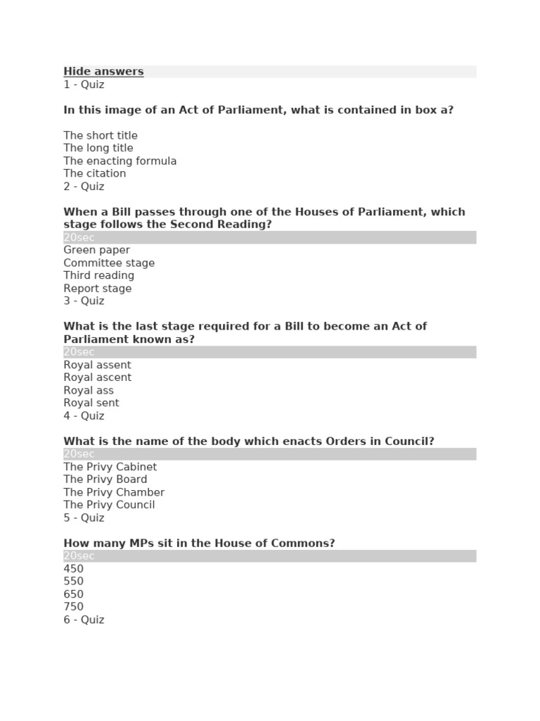 UK Parliament Quiz Questions | PDF
