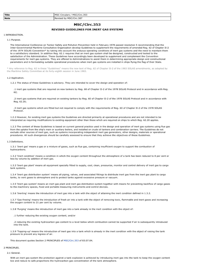 MSC 1 Circ 353 Revised Guidelines For Inert Gas Systems | PDF | Valve | Oil Tanker