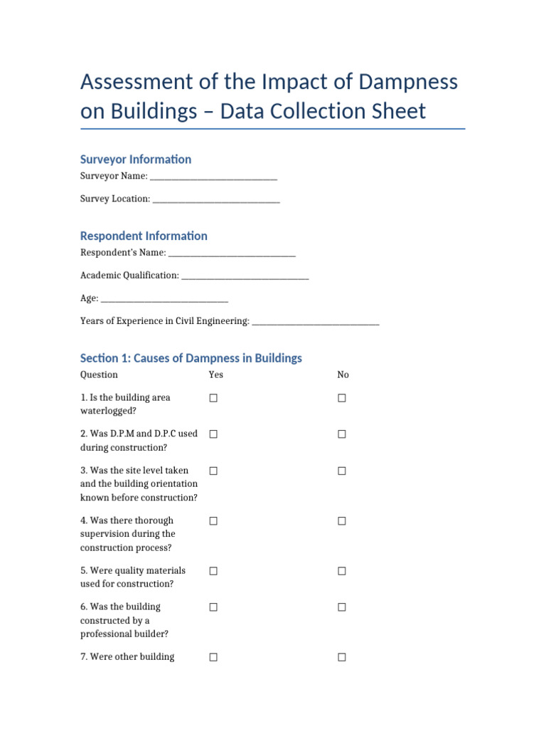 Dampness Survey Data Collection Sheet | PDF | Materials | Building ...