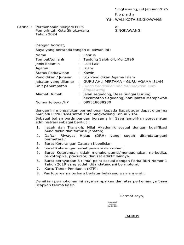 6672_Form_SURAT_LAMARAN_PPPK_2024_TEKNIS | PDF