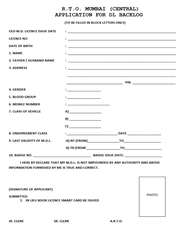 Application for DL Backlog Mumbai | PDF