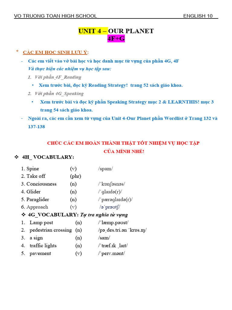 Unit 4 - Our Planet 4F+G: Các Em Học Sinh Lưu Ý | PDF