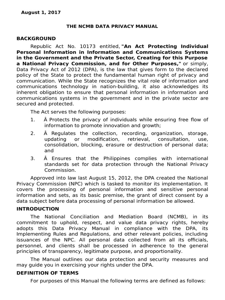 The NCMB Data Privacy Manual | PDF | Computer Security | Security