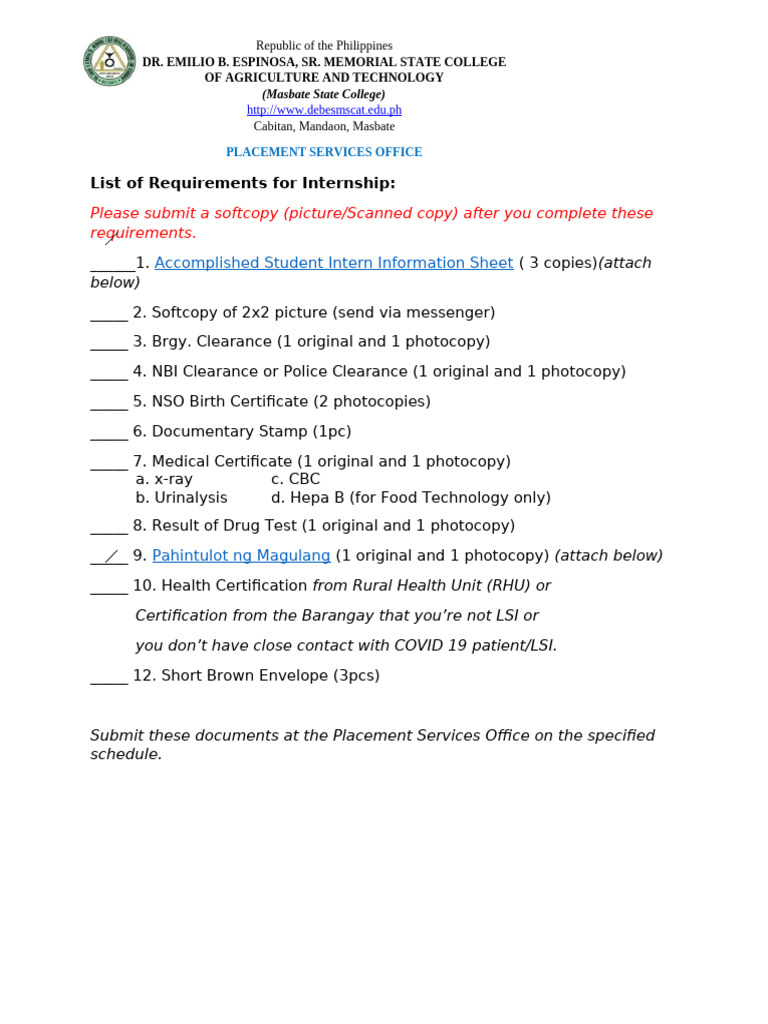 List of Requirements For Internship Summer 2021 | PDF