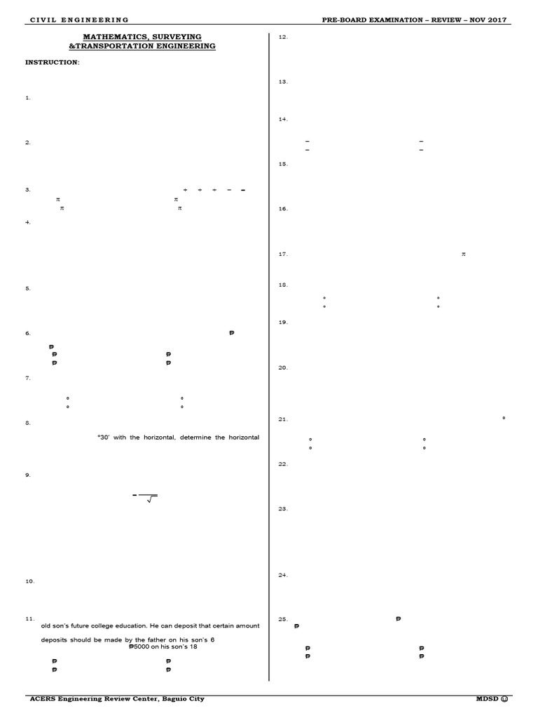 Math Surveying Transpo Review Preboard Exam Nov2017 | PDF | Sphere | Area