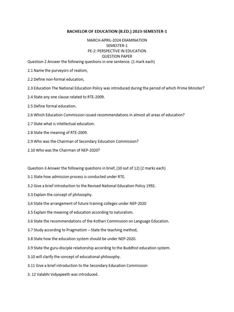 B.Ed. Semester 1 Exam Question Paper 2024 | PDF | Question
