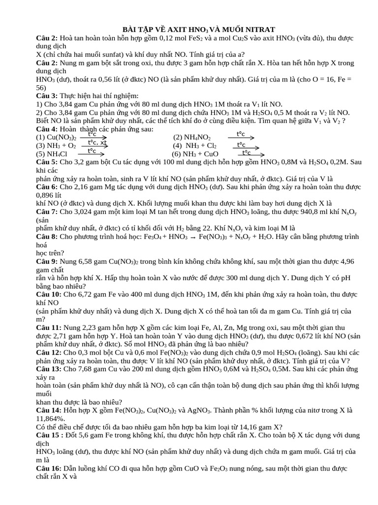 Bài Tập Tự Luận Về Axit Hno3 Và Muối Nitrat | PDF