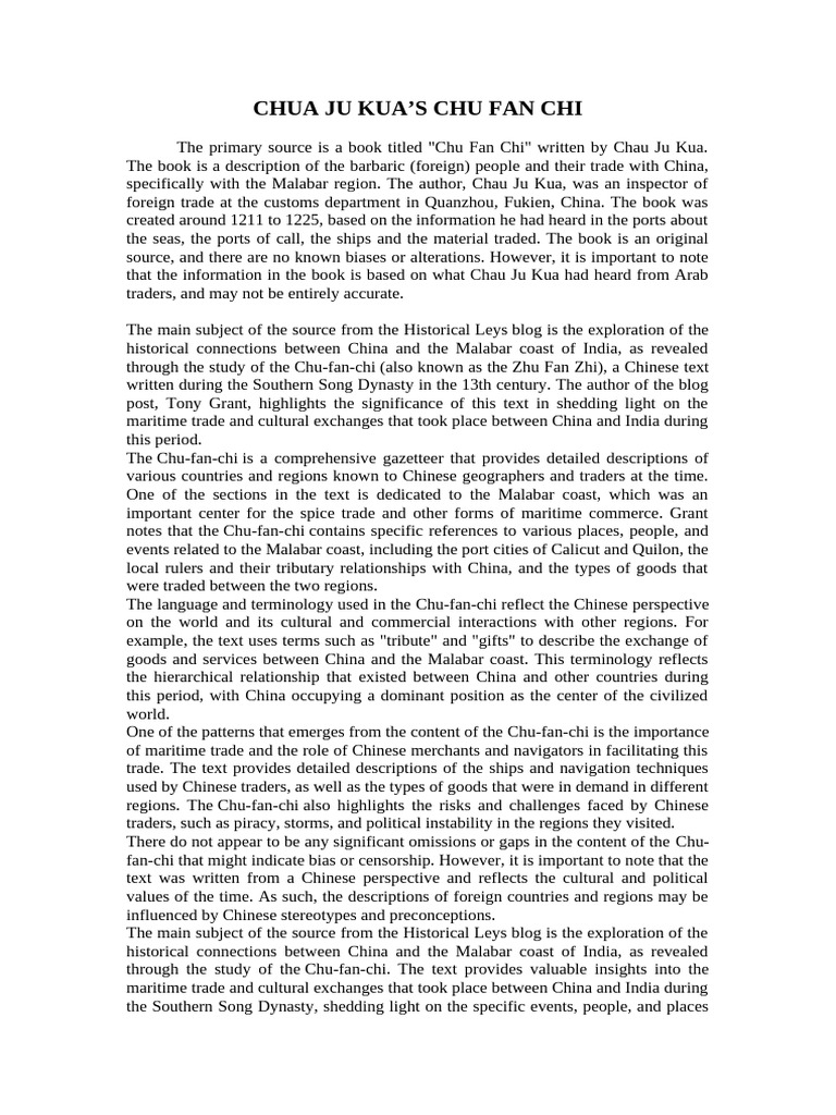 Chua Ju Kua's Chu Fan Chi Analysis Paper | PDF | Trade | China