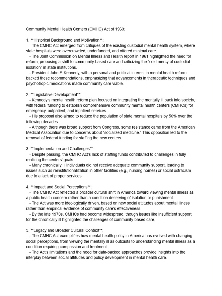 CMHC Act of 1963: Transforming Mental Health | PDF | Mental Health ...