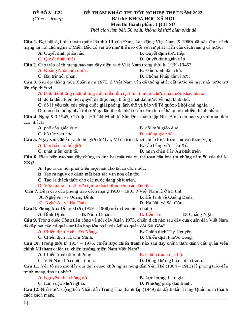 31. ĐỀ VIP 31 - Phát triển theo đề minh họa của BGD năm 2023 - Môn Lịch ...