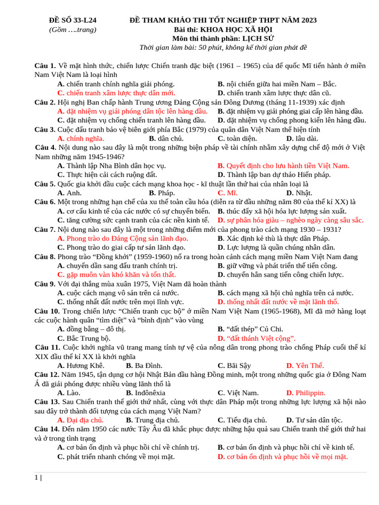 ĐỀ VIP 33 - Phát Triển Theo Đề Minh Họa Của BGD Năm 2023 - Môn Lịch Sử - Bản Word Có Giải - L24 ...