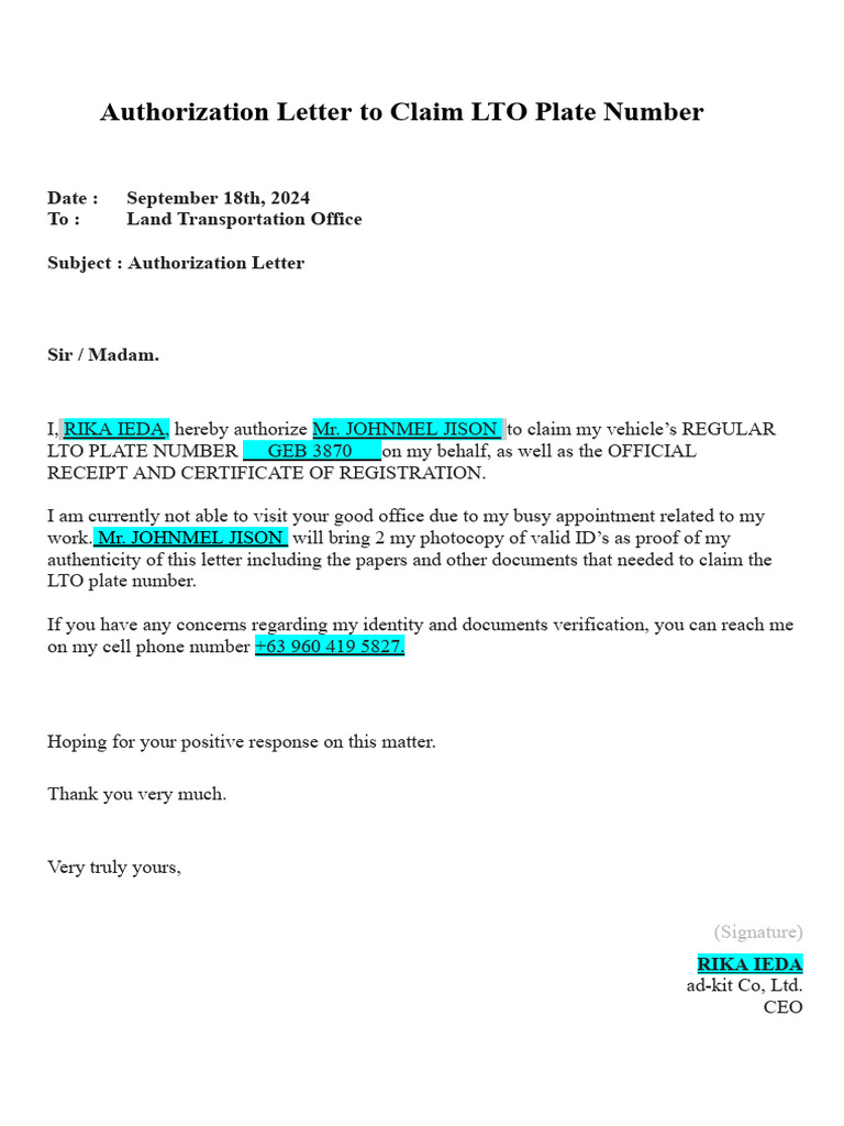 Aouthorization Letter For LTO | PDF