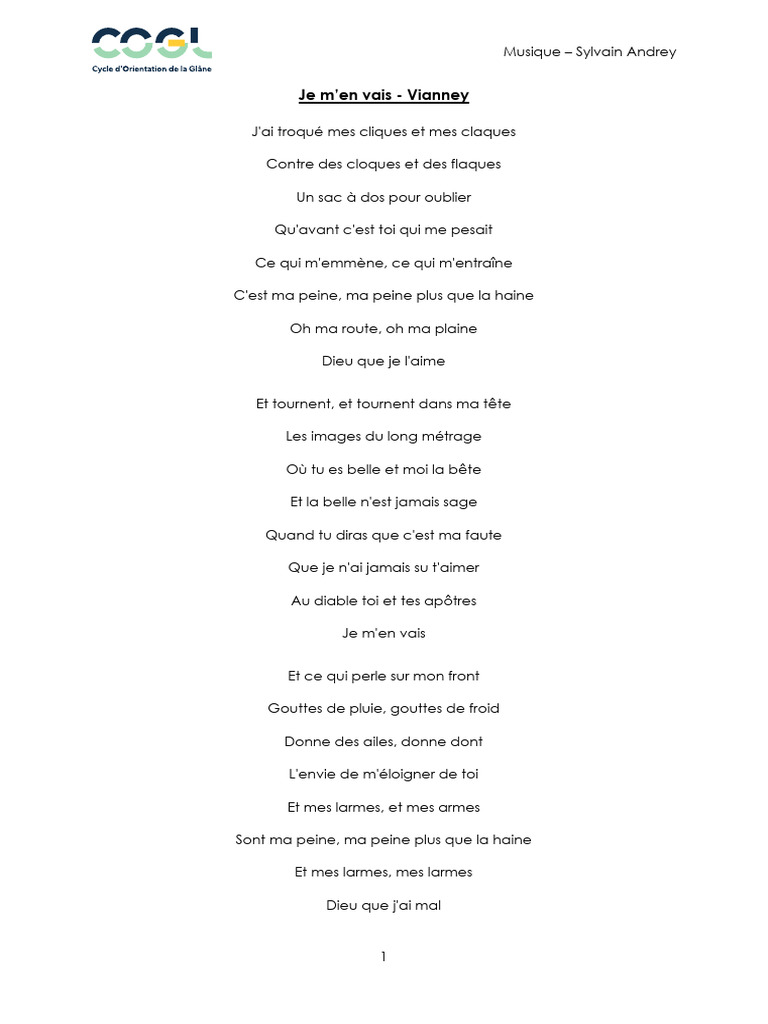 Vianney - Je m'en vais - paroles et accords piano | PDF
