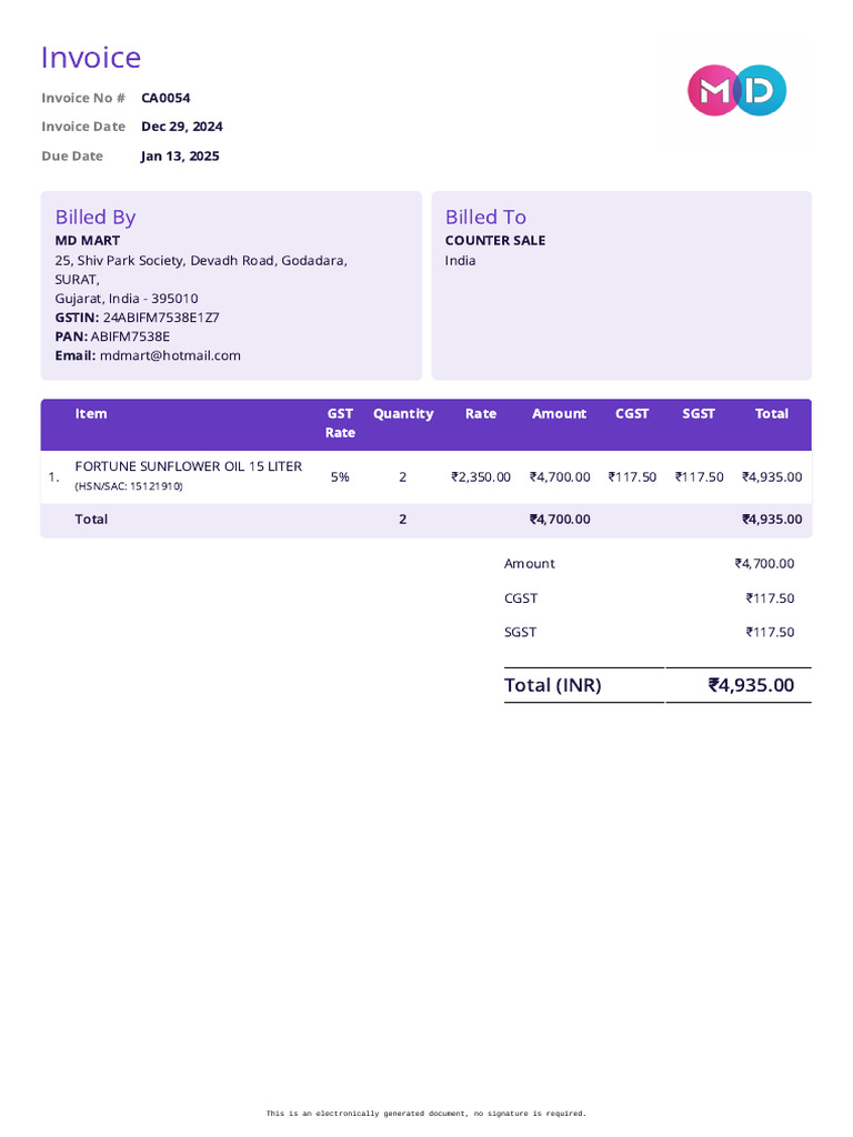 MD Mart Invoice - Surat, Dec 2024 | PDF