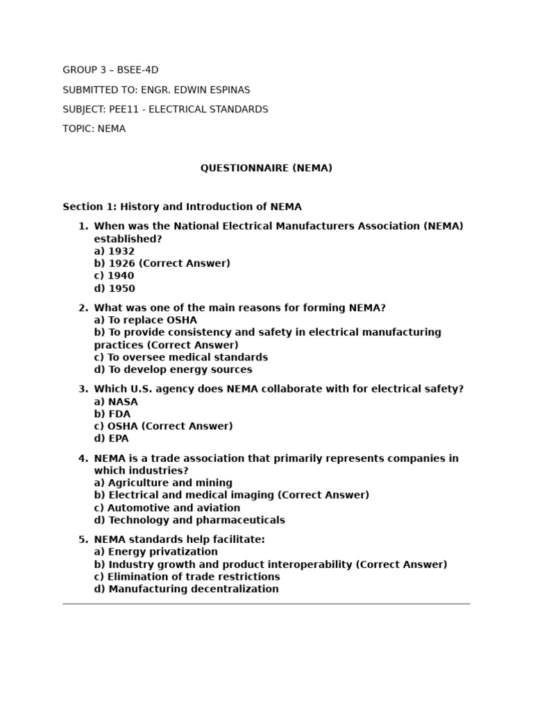 Group 3 - Nema - Questionnaire | PDF | International Electrotechnical ...