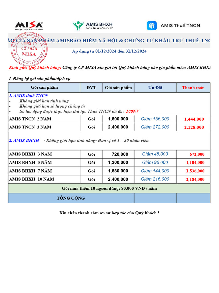 Báo Giá Kdml - Amis Thue Tncn 100nv - Bhxh 30chuẩn 2024 | PDF