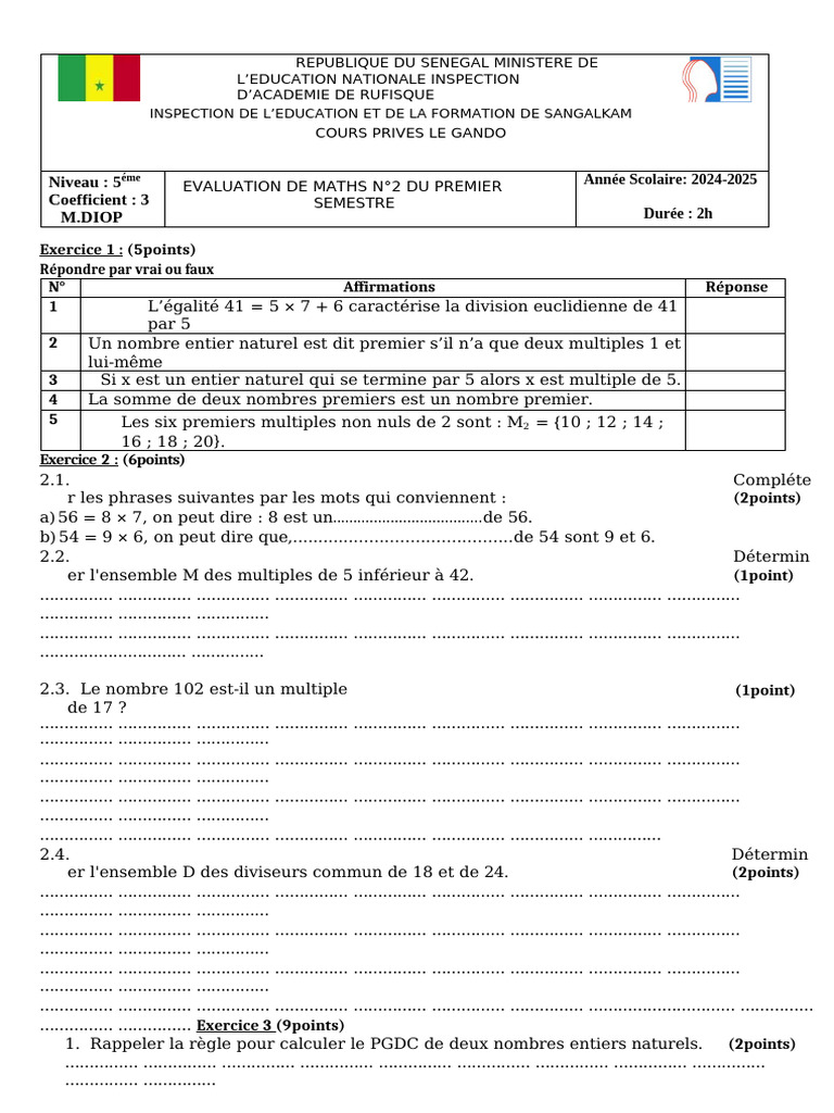 EVALUATION-N°2-MATHS-5EME-1 (1) | PDF