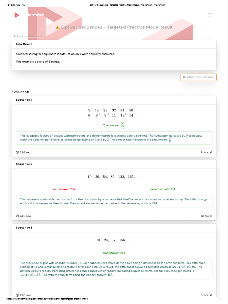 Optiver Sequences - Targeted Practice Mode Result - Tradermath - Tradermath | PDF | Numbers ...