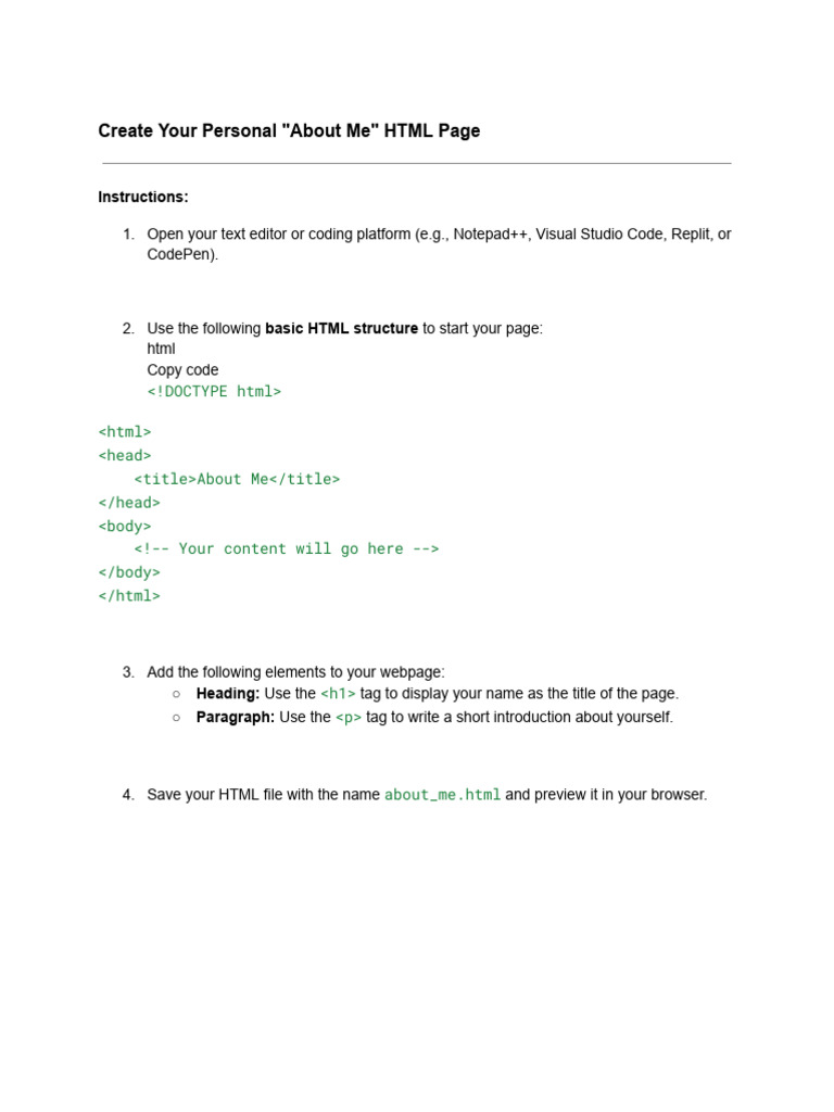 Create Your Personal About Me HTML Page | PDF