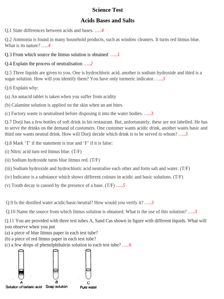 Acids, Bases, and Salts Test | PDF | Acid | Materials