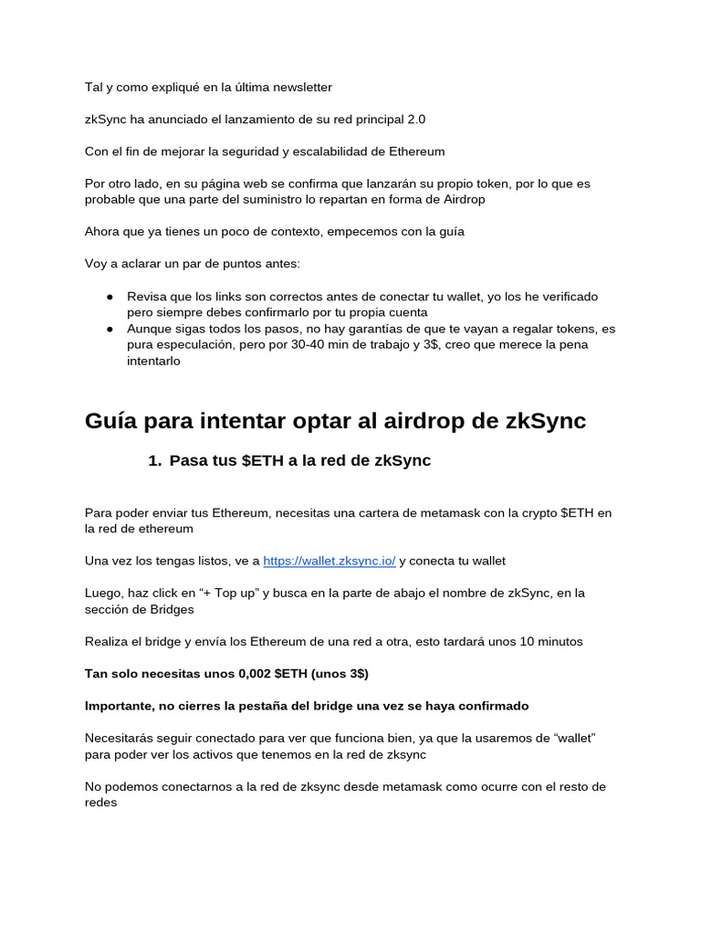 Guía para Intentar Optar Airdrop Zksync | PDF