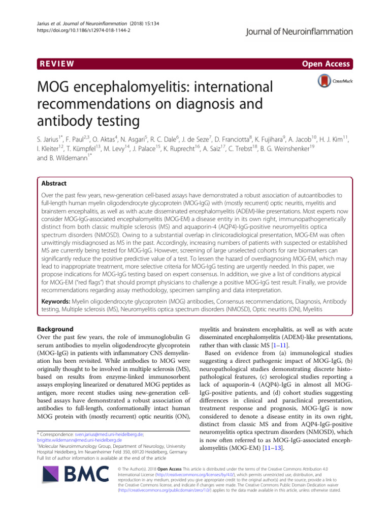MOG Encephalomyelitis: International Recommendations On Diagnosis and ...