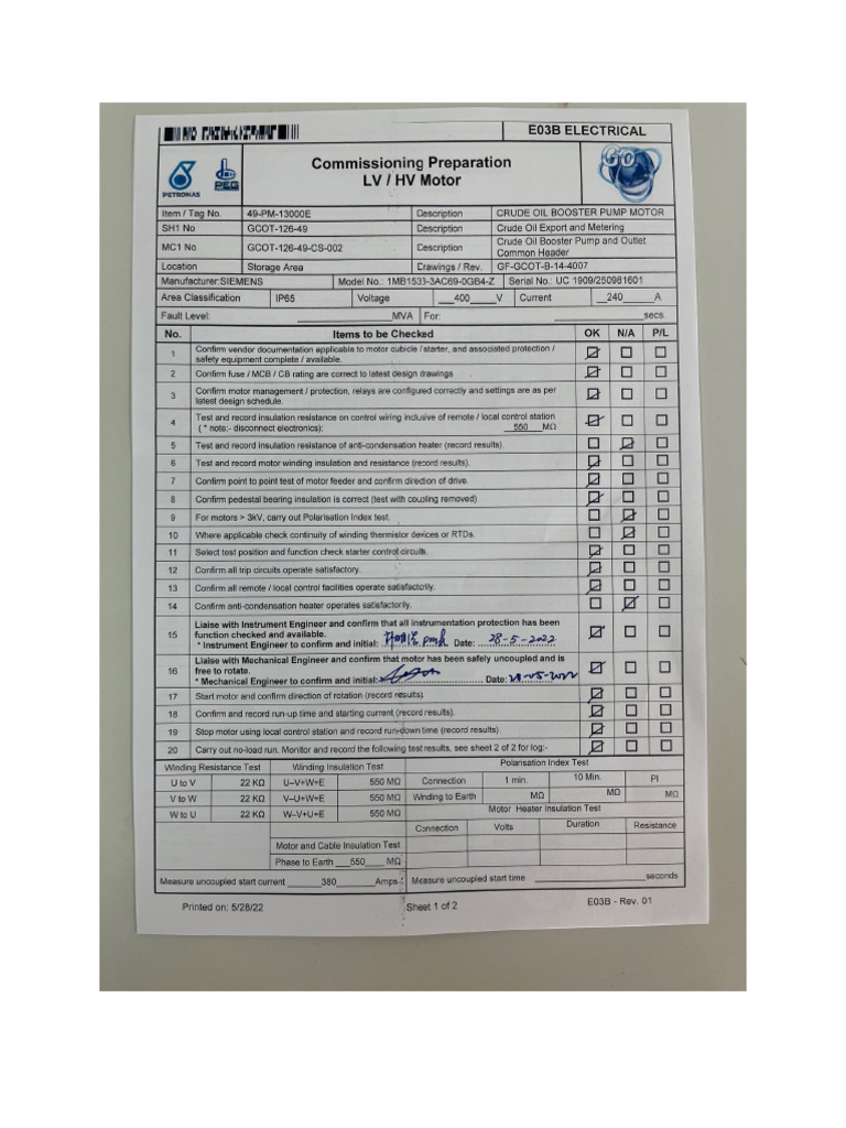 Motor Solo Run Test (Booster Pump E) | PDF