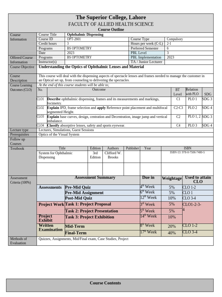 Ophthalmic Dispensing Course Outline | PDF | Glasses | Optics