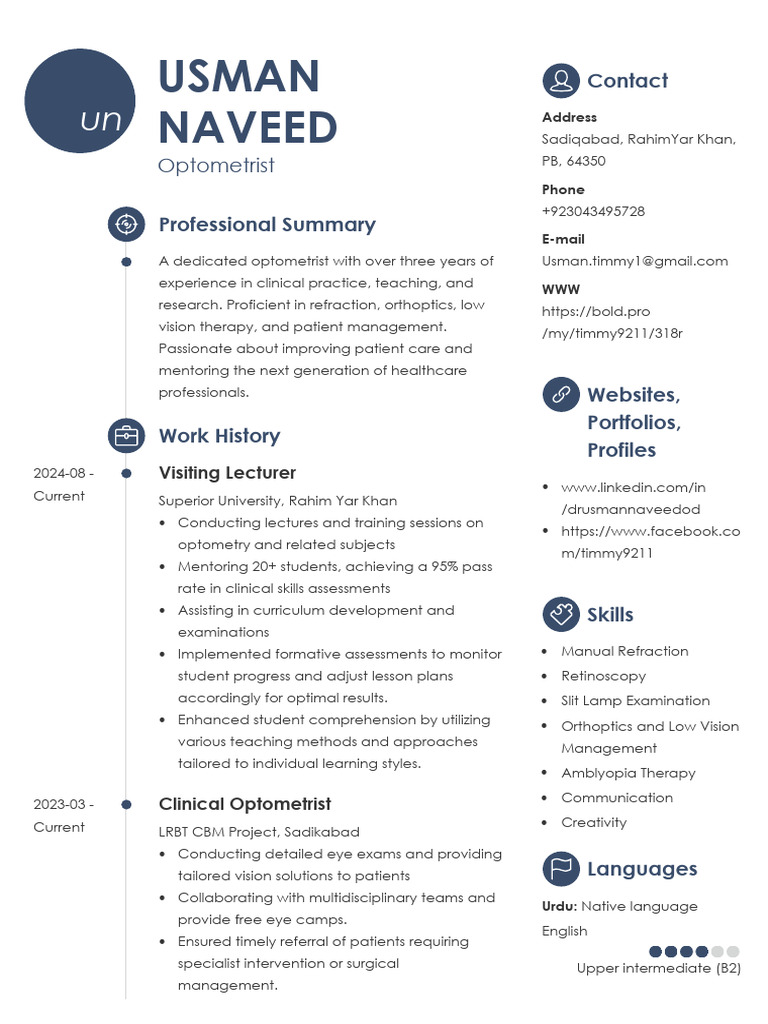 USMAN Naveed Resume | PDF | Optometry | Clinical Medicine