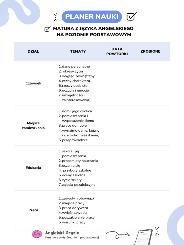 Planer Nauki Do Matury Podstawowej Z Języka Angielskiego | PDF