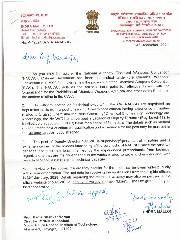 Filling Up of The Post of Deputy Director (Pay Level-11) in The NACWC, New Delhi (24.12.2024 ...