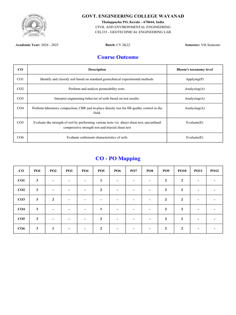 CO - PO Mapping of CEL333 - GEOTECHNICAL ENGINEERING LAB | PDF | Soil ...