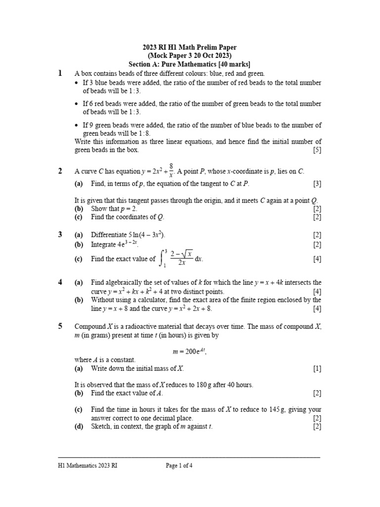 2023 RI H1 Math Prelim QP | PDF | Probability Distribution | Equations