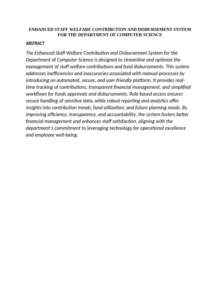 ENHANCED STAFF WELFARE CONTRIBUTION AND DISBURSEMENT SYSTEM FOR THE ...