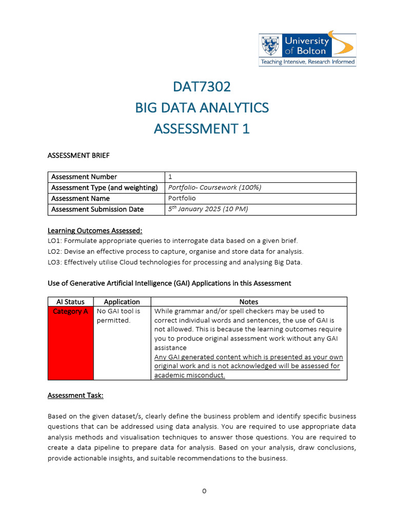 Dat7302 Bda Assessment Brief | PDF | Data Analysis | Turnitin