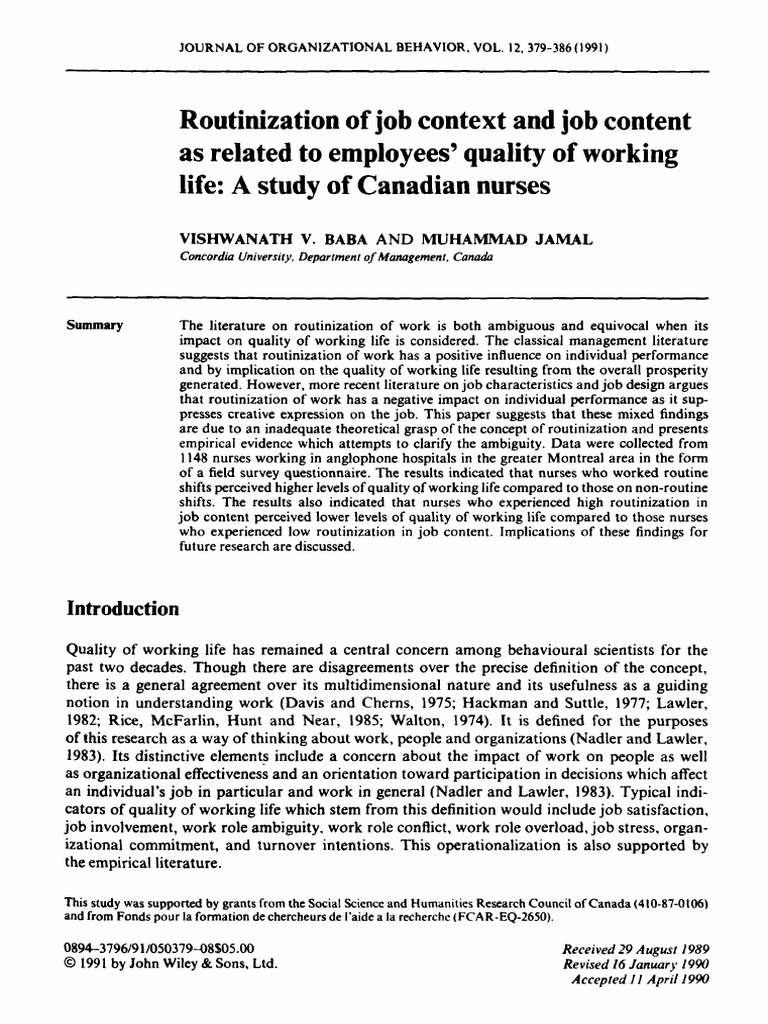Routinization of Job Context and Job Content As Related To Employees' Quality of Working Life ...