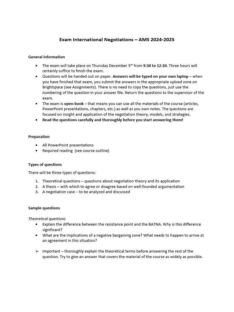 AMS 2024-2025 International Negotiations Exam Guide | PDF | Negotiation | Thesis