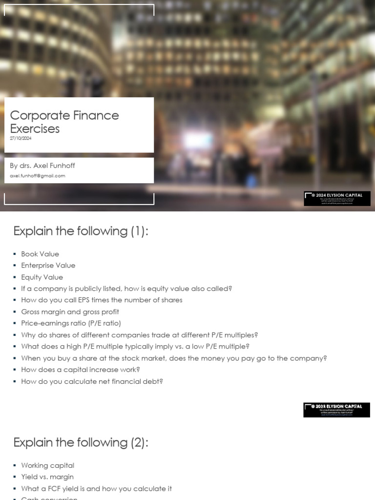 241027 Corporate Finance Exercises | PDF | Valuation (Finance) | Net Income